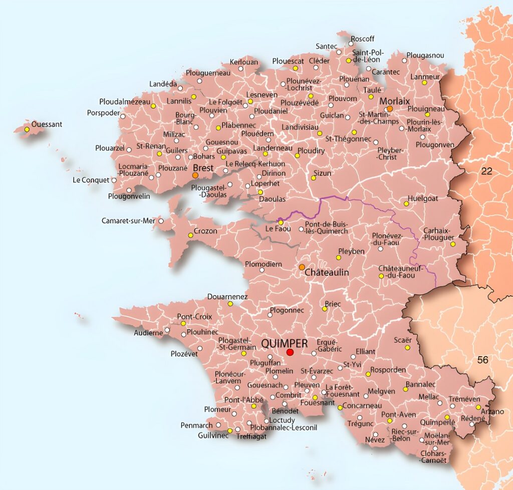 Carte des principales communes du Finistère