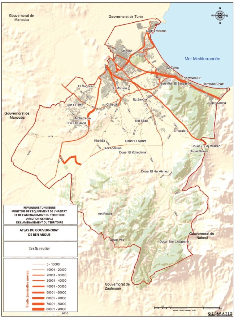 Carte routière du gouvernorat de Ben Arous