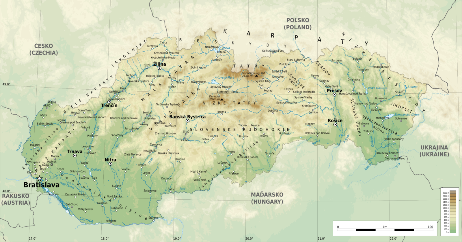 Carte physique de la Slovaquie