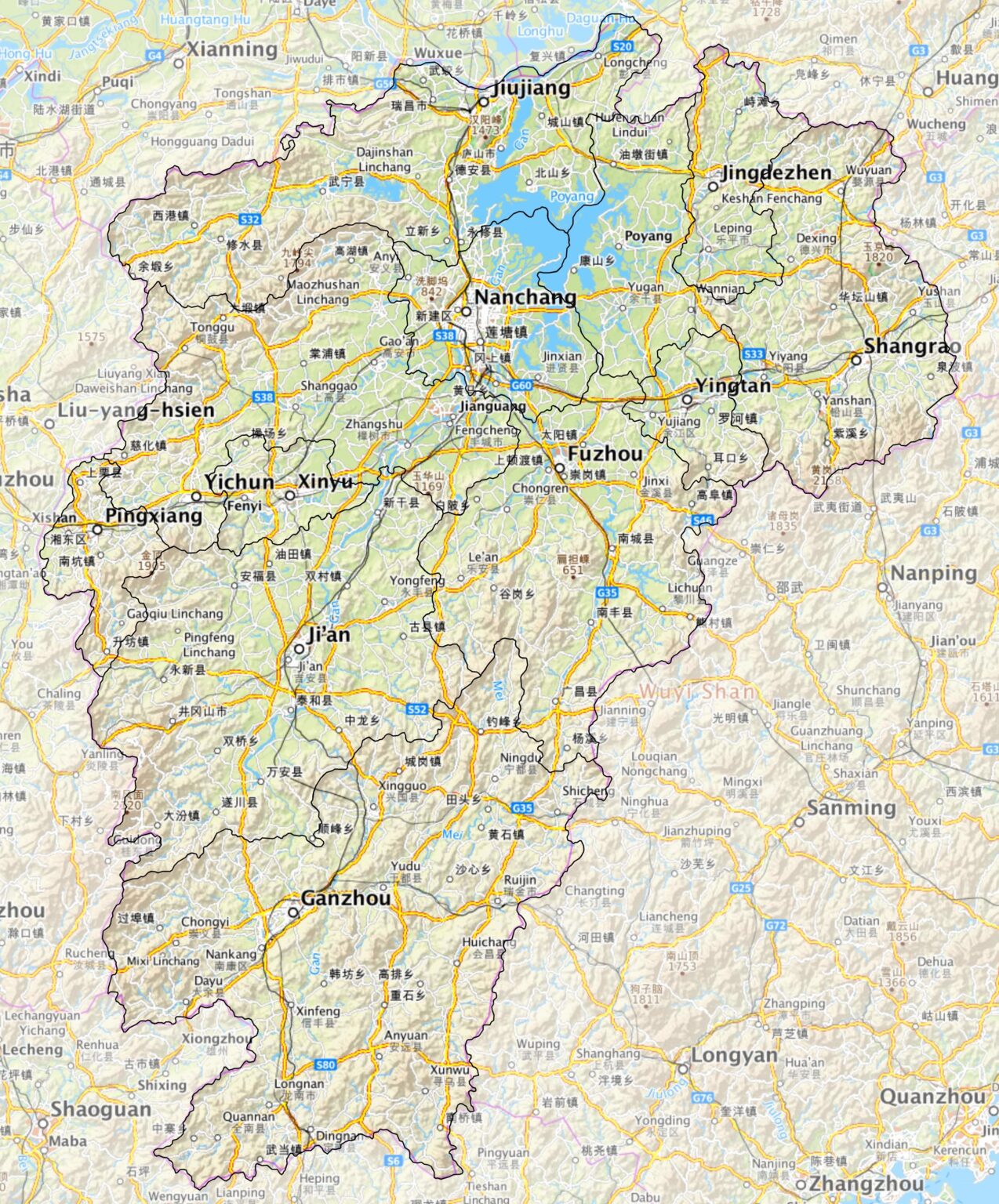 Carte de la province du Jiangxi, Chine