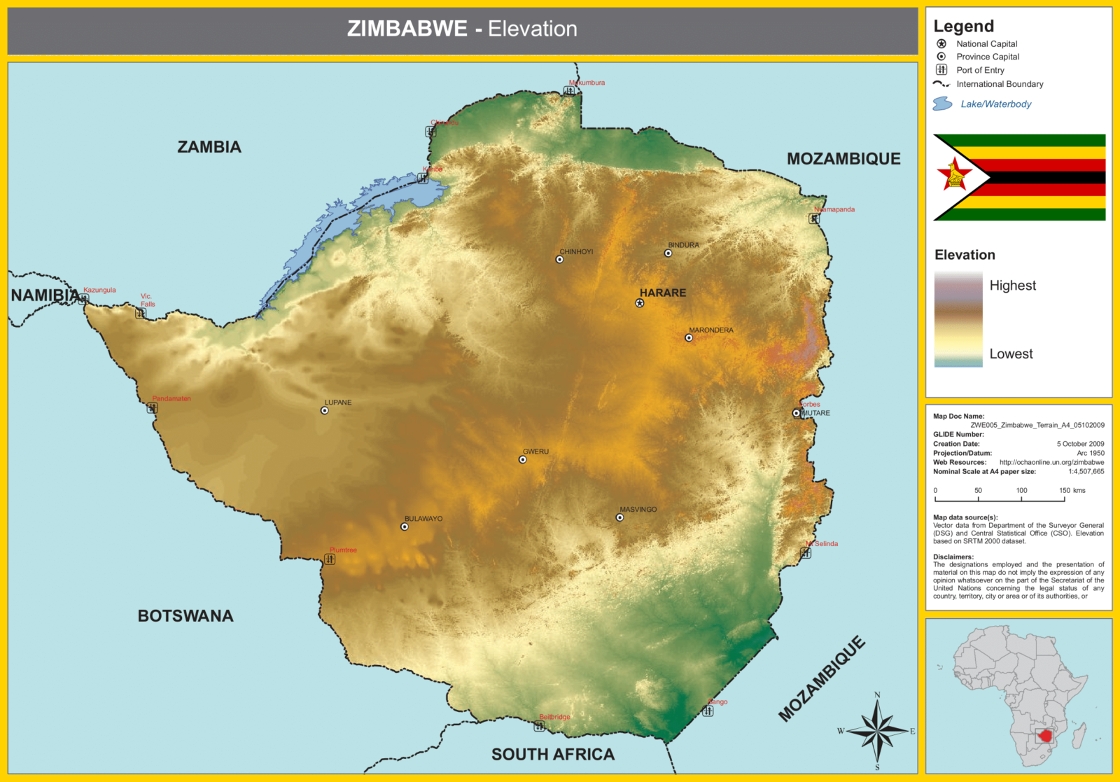 Carte physique du Zimbabwe
