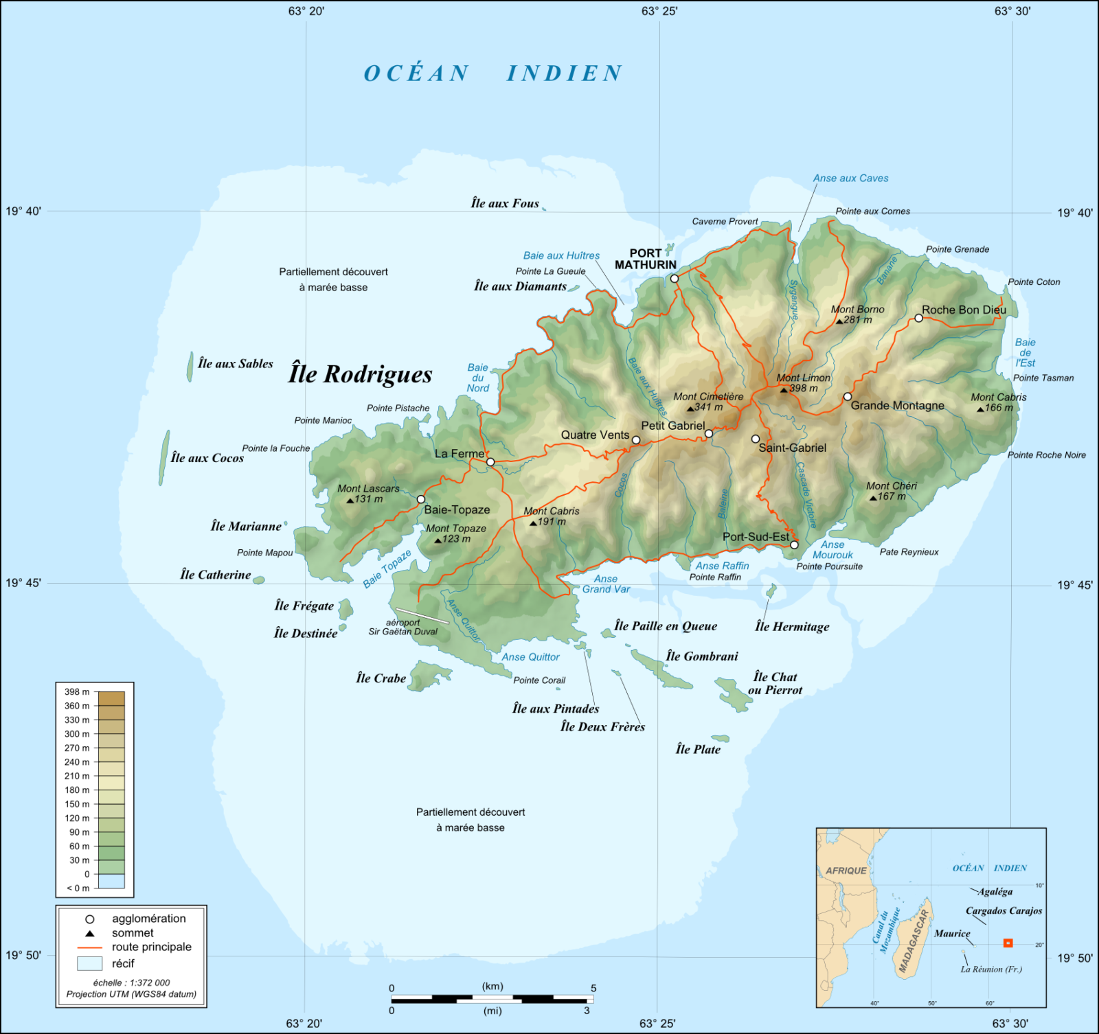 Carte de l'île Rodrigues, République de Maurice