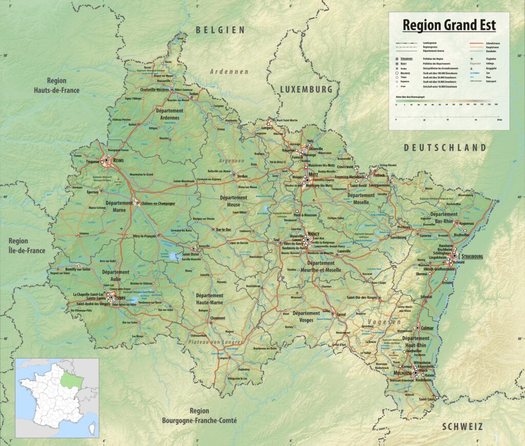 Carte physique du Grand Est