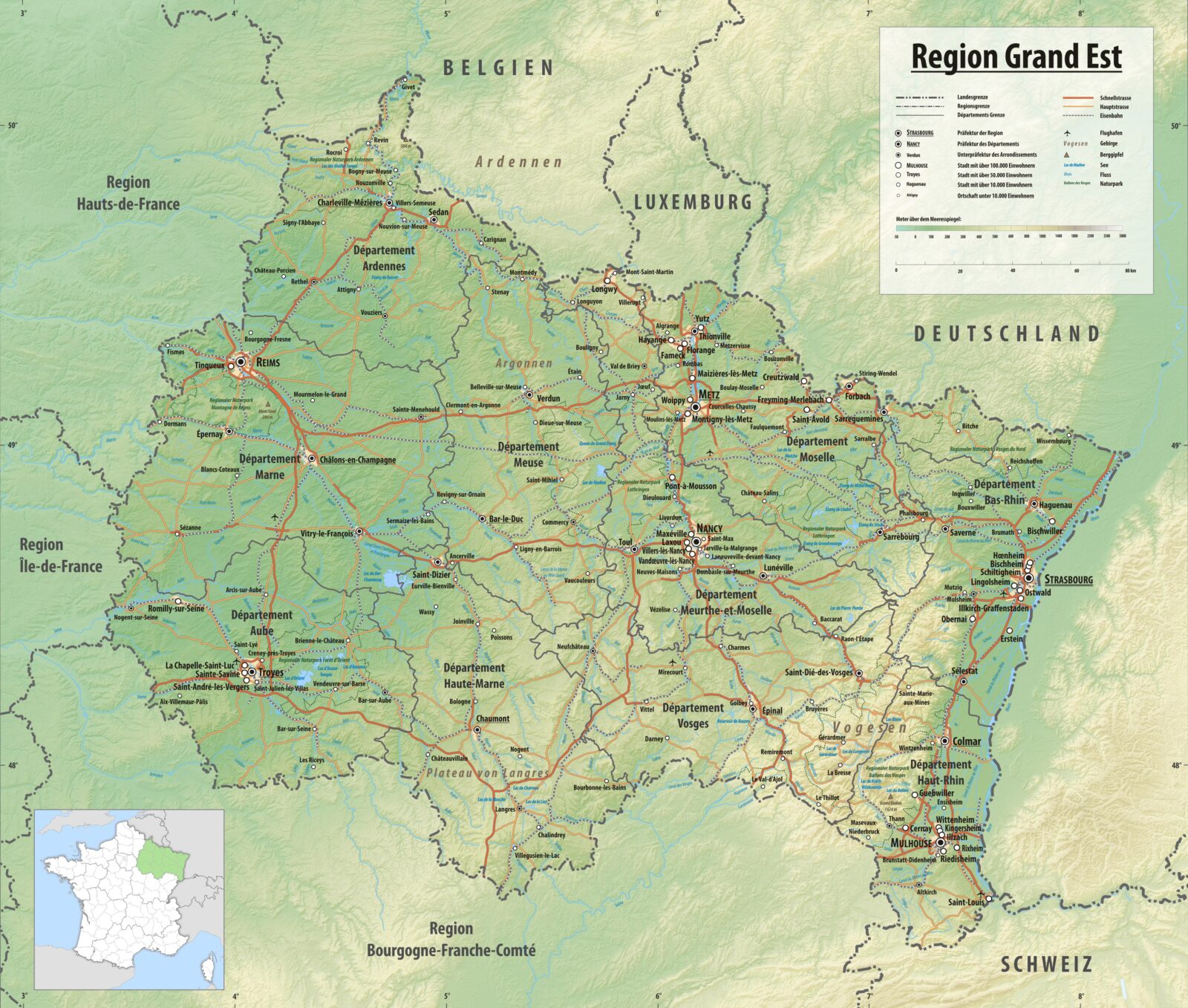 Carte physique du Grand Est