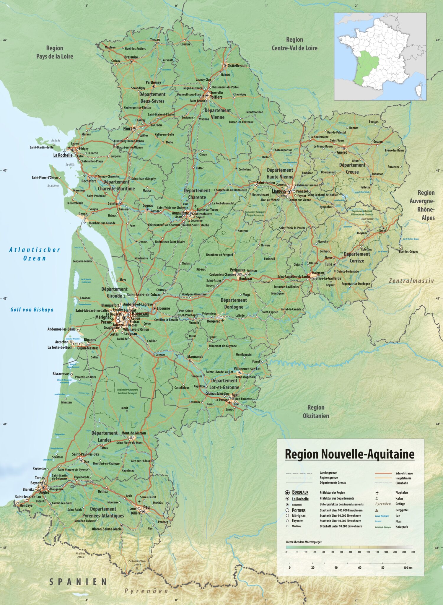 Carte physique de la Nouvelle-Aquitaine