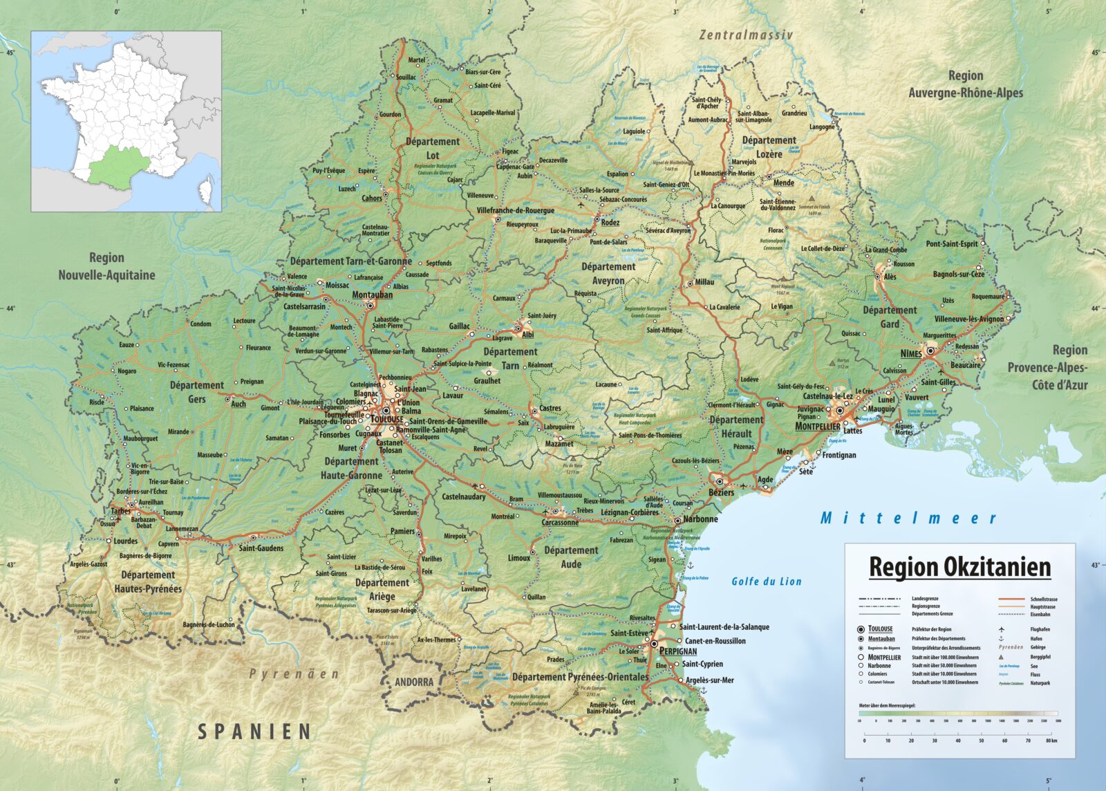 Carte physique d’Occitanie