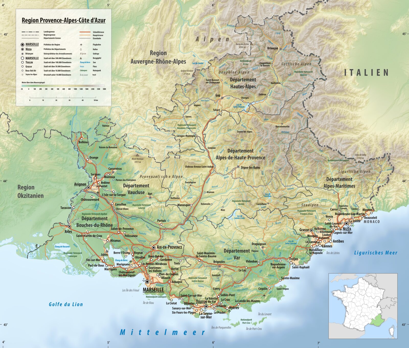 Carte physique de Provence-Alpes-Côte d’Azur