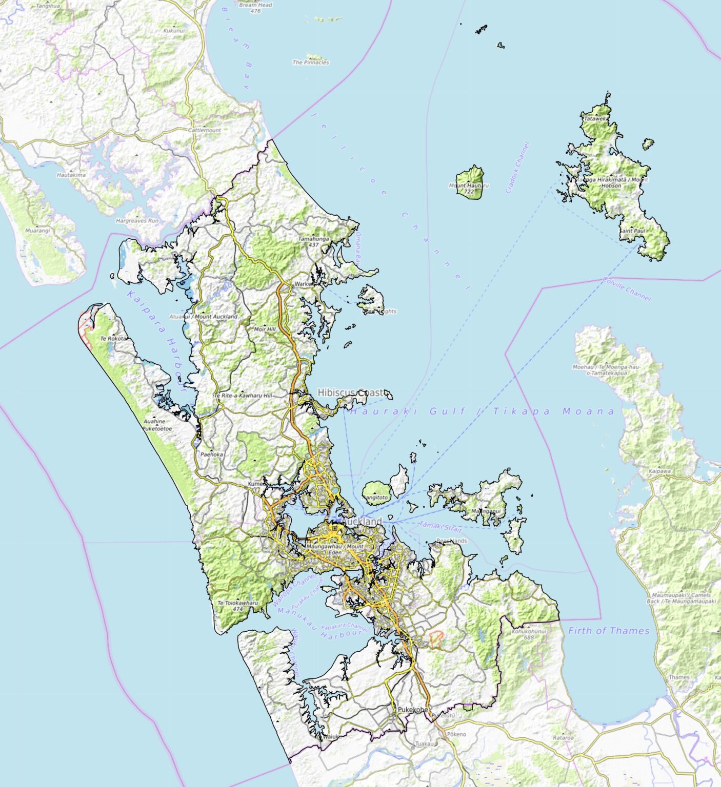 Carte de la région d'Auckland, Nouvelle-Zélande
